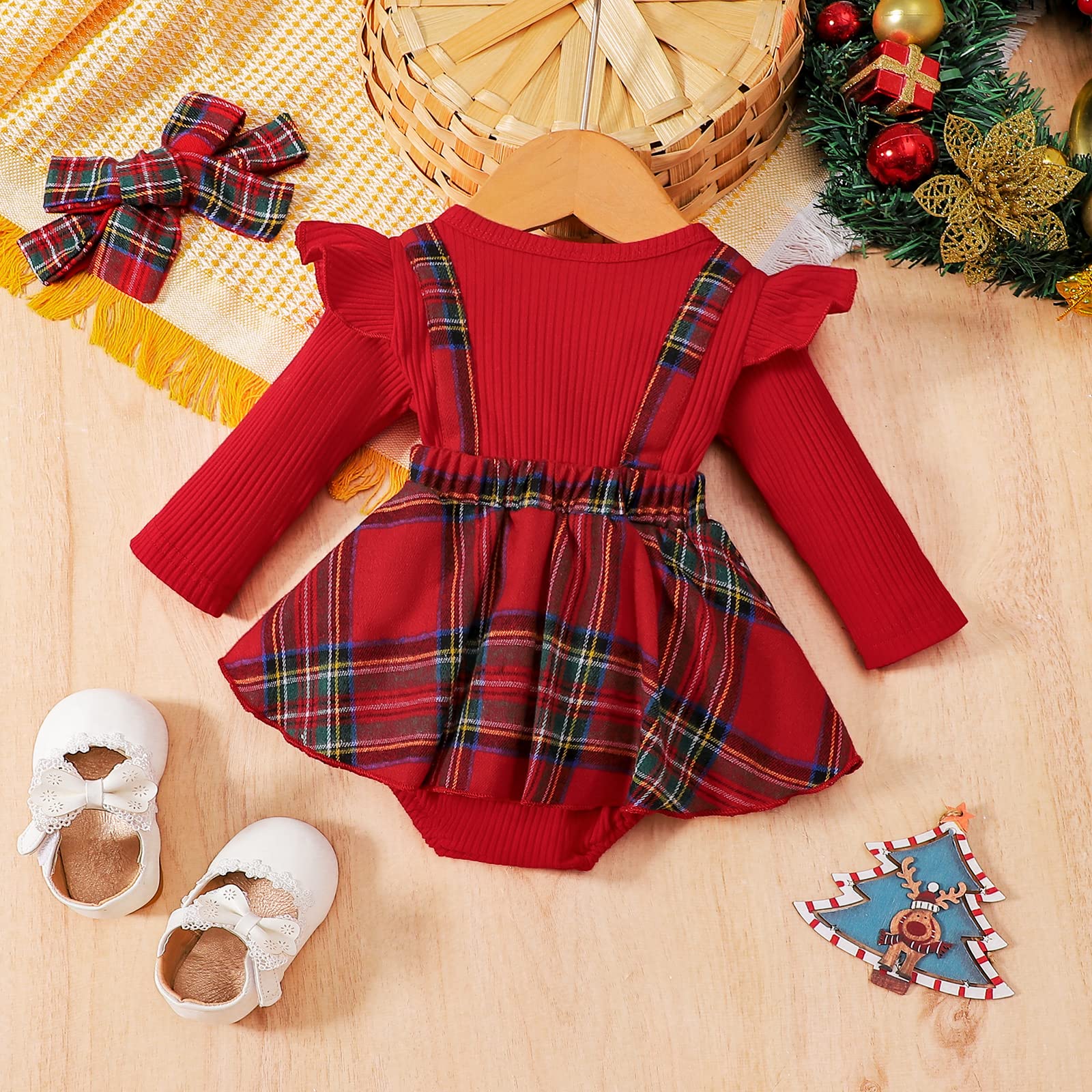 Baby Girl Christmas Outfit Newbron Christmas Dress Romper Ruffle Lace Sequin Tulle Dresses Santa Xmas Clothes (Red Plaid Dress, 3-6 Months)