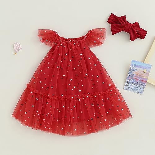 1-5T Baby Girl Sequins Dress Christmas Toddler Clothes Girl Two Piece Outfit Casual Tulle Tutu Dress + Headband Set (A Red, 4-5 Years)