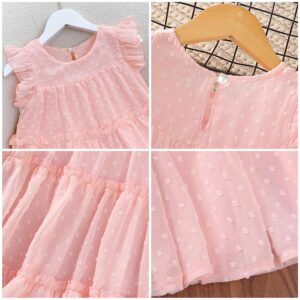 AGQT Toddler Girls Summer Dress Loose Fit Swiss Dots Flowy Pleated Dress Ruffle Babydoll Birthday Chiffon Dress Pink Size 1-2T