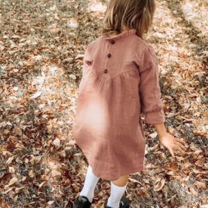 USKIDKK Toddler Girl Dress Long Sleeve Linen Cotton Dress Casual Fall Dresses Clothes (Lotus pink,3-4T)