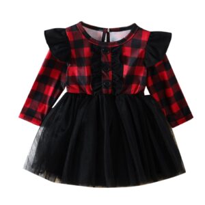 toddler girls long sleeve ruffles dresses plaid prints tulle princess dress dress a line (a5-black, 3-4 years)