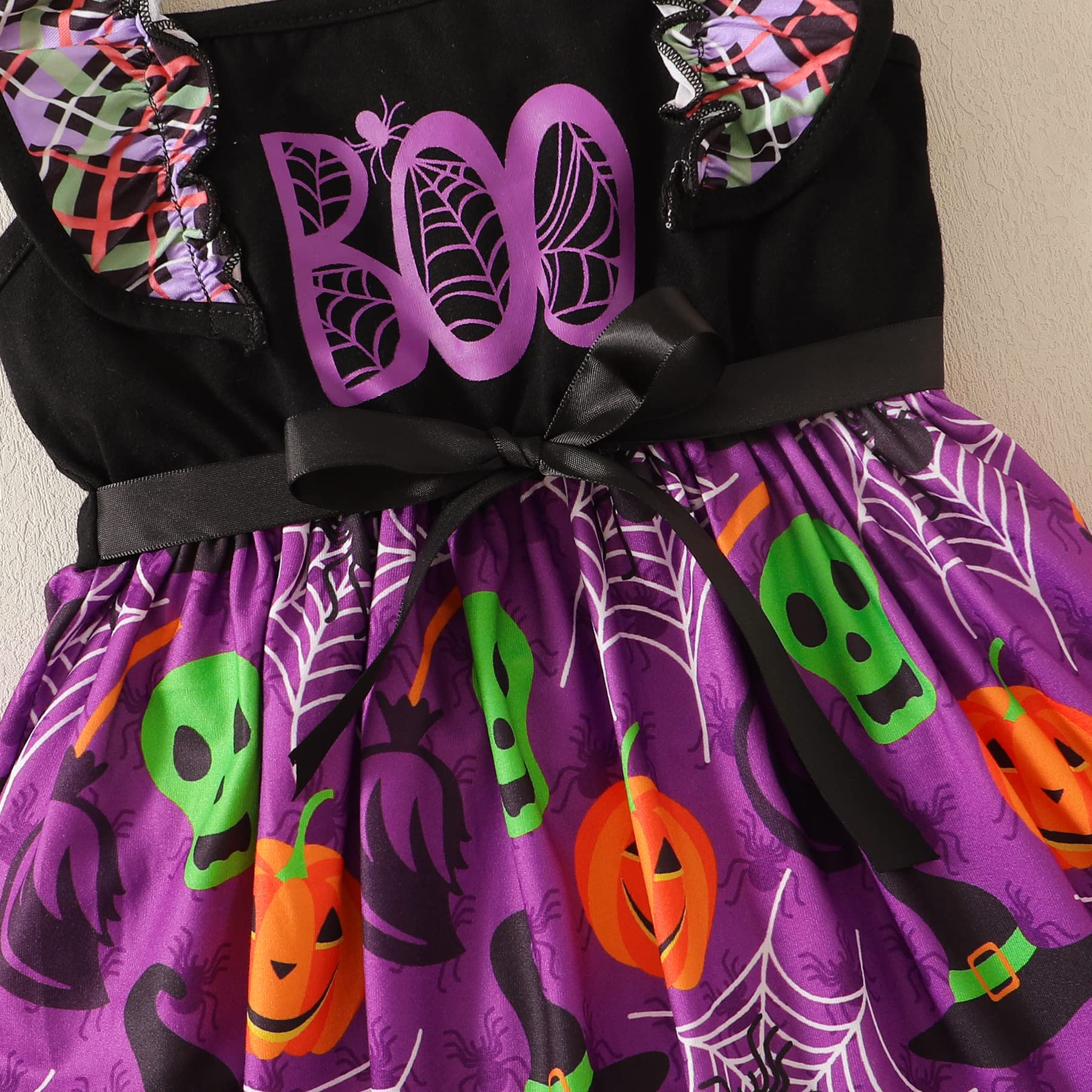 Kids Girls Halloween Dress Boo Pumpkin Pattern Sleeveless Dresses Little Girls Ruffle Dress (Purple, 5-6 Years)