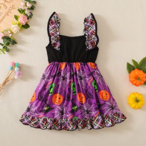 Kids Girls Halloween Dress Boo Pumpkin Pattern Sleeveless Dresses Little Girls Ruffle Dress (Purple, 5-6 Years)