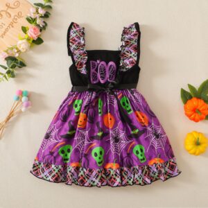 Kids Girls Halloween Dress Boo Pumpkin Pattern Sleeveless Dresses Little Girls Ruffle Dress (Purple, 5-6 Years)