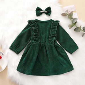 Karuedoo Kids Toddler Baby Girl Corduroy Ruffle Long Sleeve Dress Princess Party Dress Fall Winter Skirt Outfit (A-Green, 4-5T)