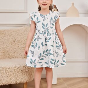 PATPAT Toddler Girl Dress Little Girls Ruffle Sleeve Casual Sundress Leaf Print A-Line Dress White 18-24 Months