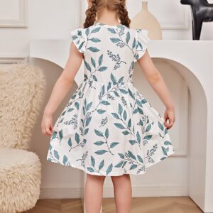 PATPAT Toddler Girl Dress Little Girls Ruffle Sleeve Casual Sundress Leaf Print A-Line Dress White 18-24 Months