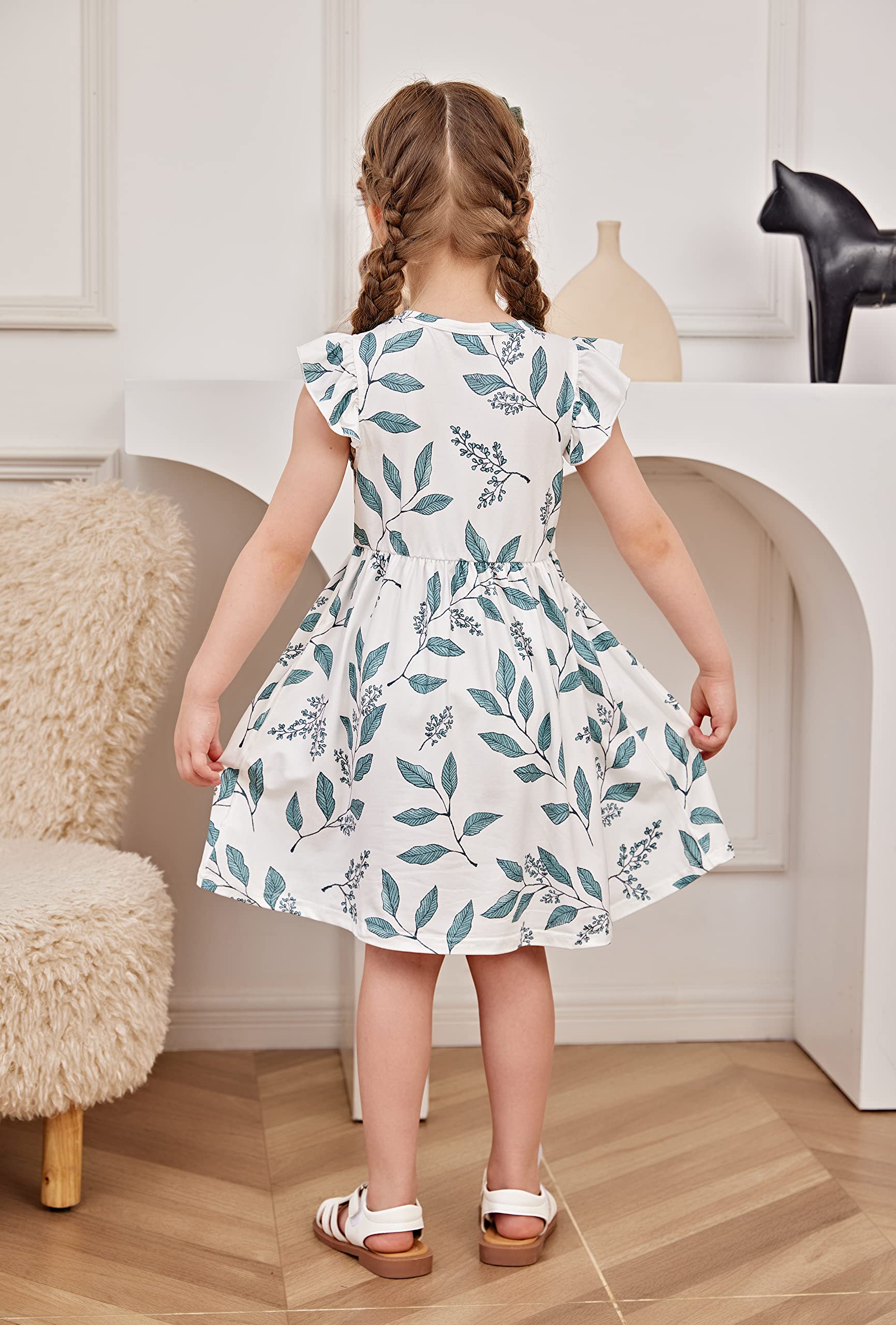 PATPAT Toddler Girl Dress Little Girls Ruffle Sleeve Casual Sundress Leaf Print A-Line Dress White 18-24 Months