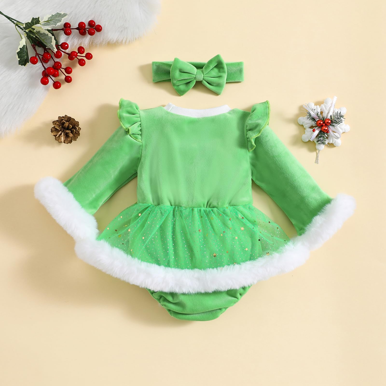 Baby Girl Halloween Clothes Pumpkin Outfit Long Sleeve Pumpkin Romper Dress Christmas Baby Girl Clothes (Green, 3-6 Months)