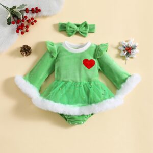 Baby Girl Halloween Clothes Pumpkin Outfit Long Sleeve Pumpkin Romper Dress Christmas Baby Girl Clothes (Green, 3-6 Months)