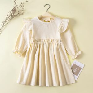 Goodplayer Toddler Girl Cotton Linen Dress Long Sleeve Ruffle Fall Dress Kids Solid Dresses Casual Clothes （12-24 Monthes,Beige Dresses