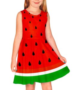 girls watermelon dress summer sleeveless tank dress fruit printed twirl skater flowy dress 5-6 years