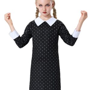 Mebius Toddler Black Long Sleeve Peter Pan Contrast Collar Dress Little Girls Vintage Tunic Knit Dresses Casual Church Funeral Black Floral Pattern 4Y