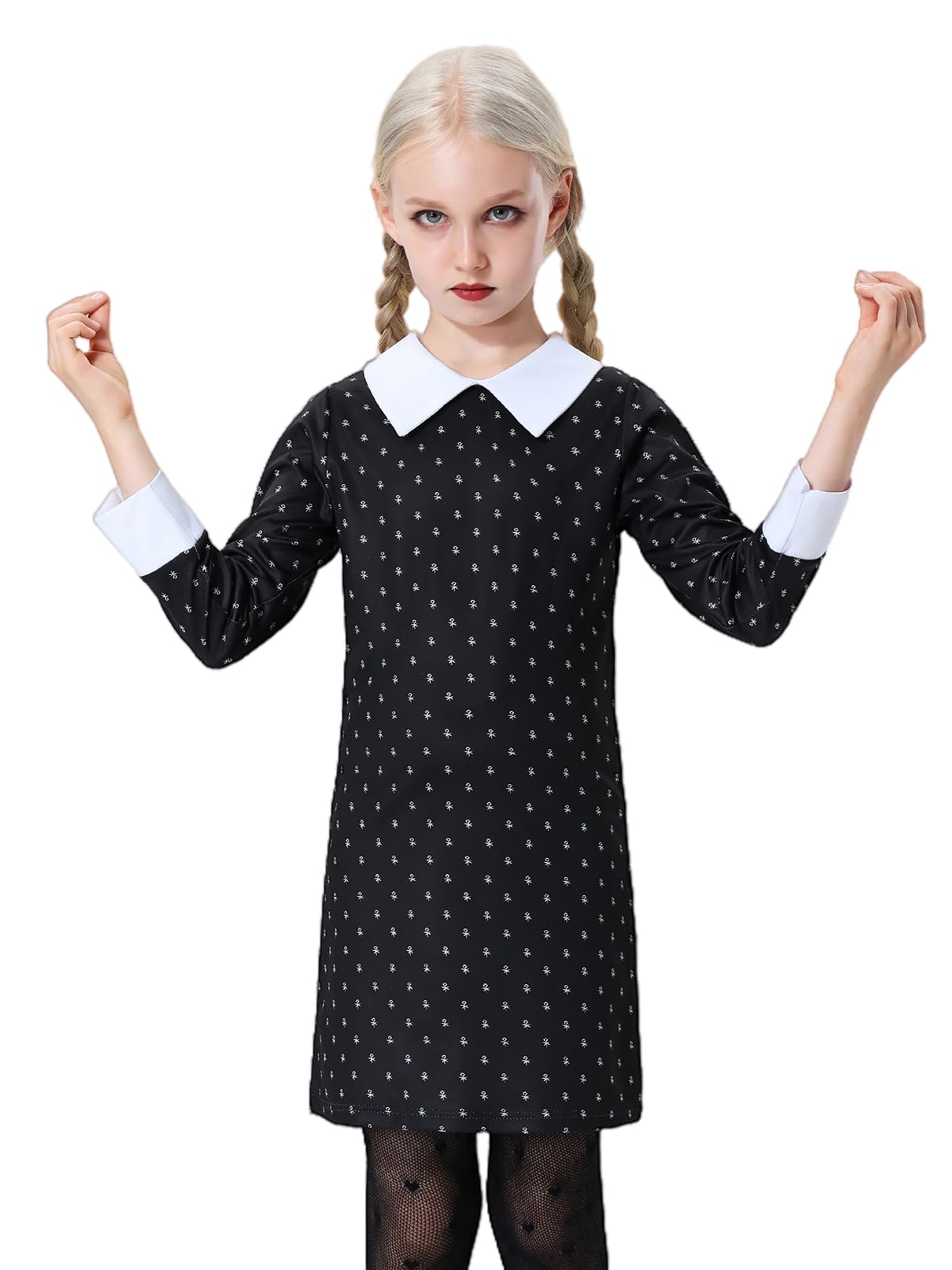 Mebius Toddler Black Long Sleeve Peter Pan Contrast Collar Dress Little Girls Vintage Tunic Knit Dresses Casual Church Funeral Black Floral Pattern 4Y