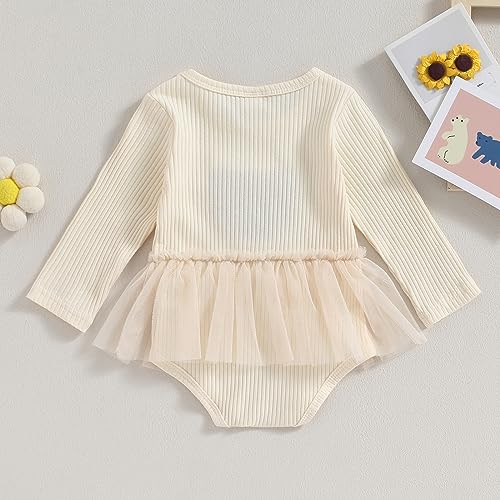 Kuriozud Baby Girls Mesh Romper Dress Bear Pattern Long Sleeve Jumpsuits for Newborn Infant Toddler Cute Clothes (Milky White, 12-18 Months)