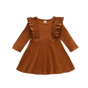 toddler baby girl ribbed dress ruffle solid round neck long sleeve cotton sundress kids casual spring fall dresses(brown, 2-3t(100))