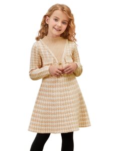 girls knitted sweater dresses kids mock neck khaki flare plaid winter dress, 4t 5t