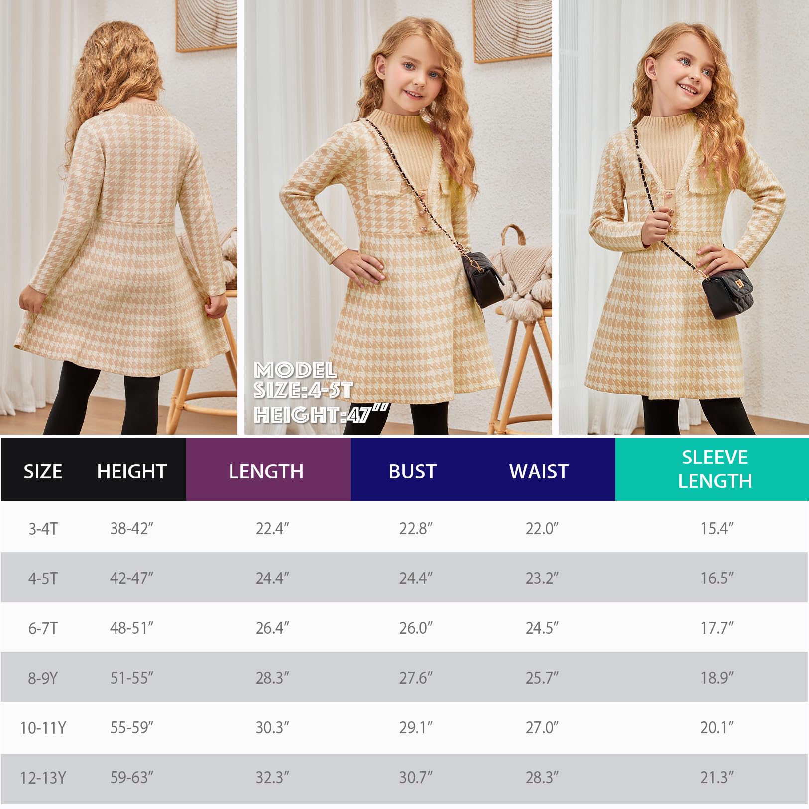 Girls Knitted Sweater Dresses Kids Mock Neck Khaki Flare Plaid Winter Dress, 4t 5t