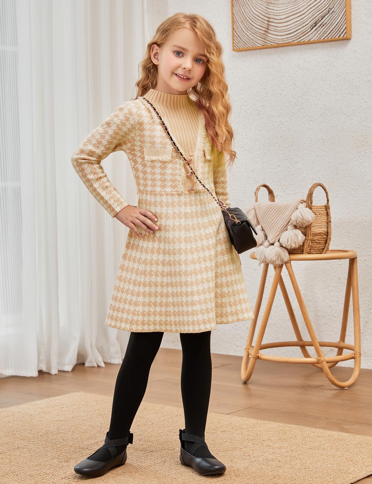 Girls Knitted Sweater Dresses Kids Mock Neck Khaki Flare Plaid Winter Dress, 4t 5t