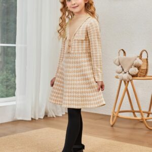 Girls Knitted Sweater Dresses Kids Mock Neck Khaki Flare Plaid Winter Dress, 4t 5t