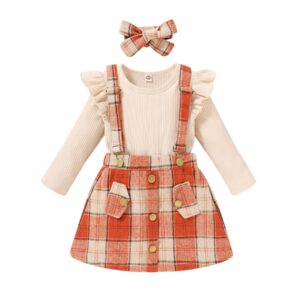 younger star infant baby girl fall outfits romper jumpsuit strap skirt clothes set baby girl clothing (3-6 months,rust-red khaki plaid skirt)