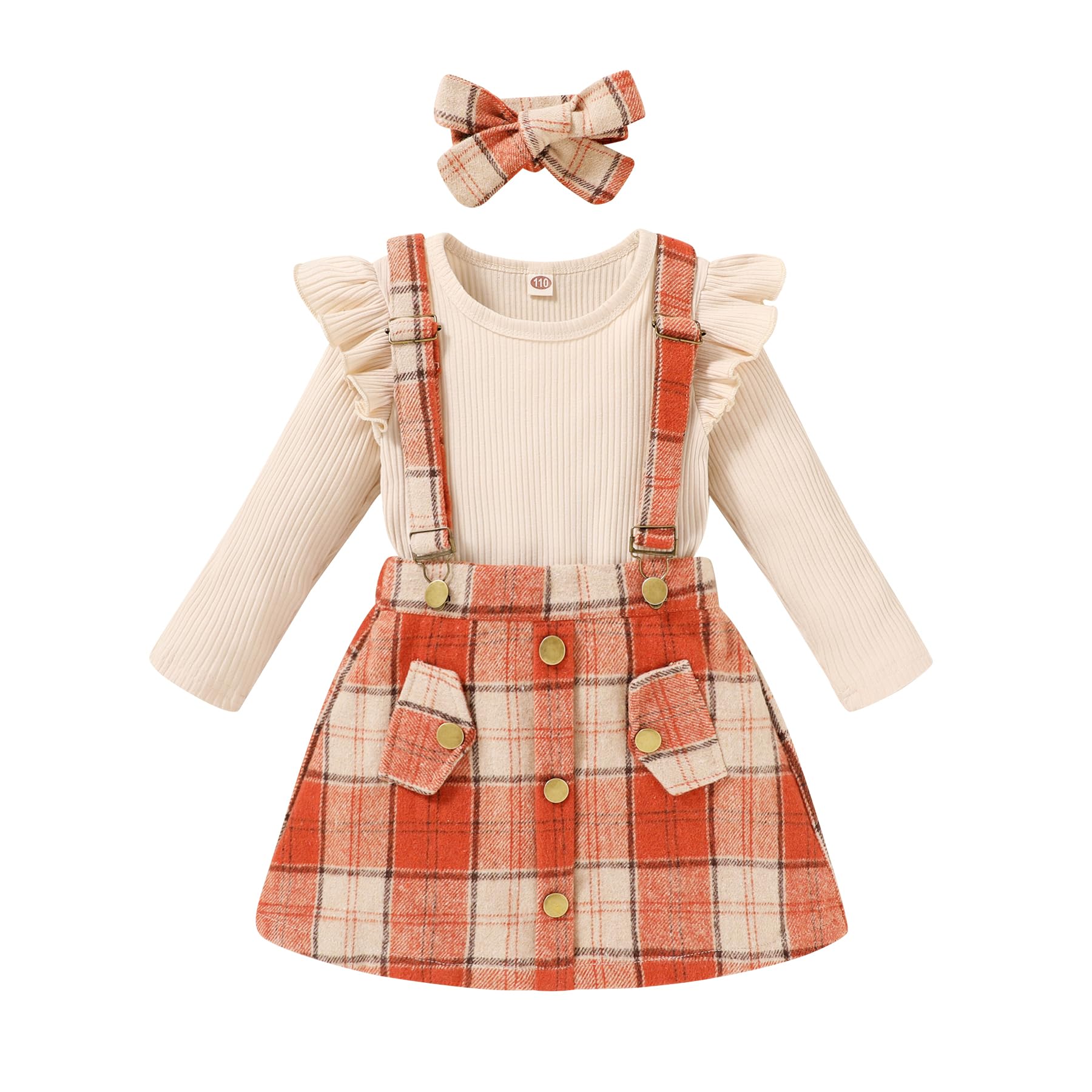 YOUNGER STAR Infant Baby Girl Fall Outfits Romper Jumpsuit Strap Skirt Clothes Set Baby Girl Clothing (3-6 Months,Rust-red khaki plaid skirt)