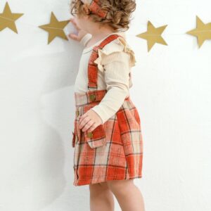 YOUNGER STAR Infant Baby Girl Fall Outfits Romper Jumpsuit Strap Skirt Clothes Set Baby Girl Clothing (3-6 Months,Rust-red khaki plaid skirt)