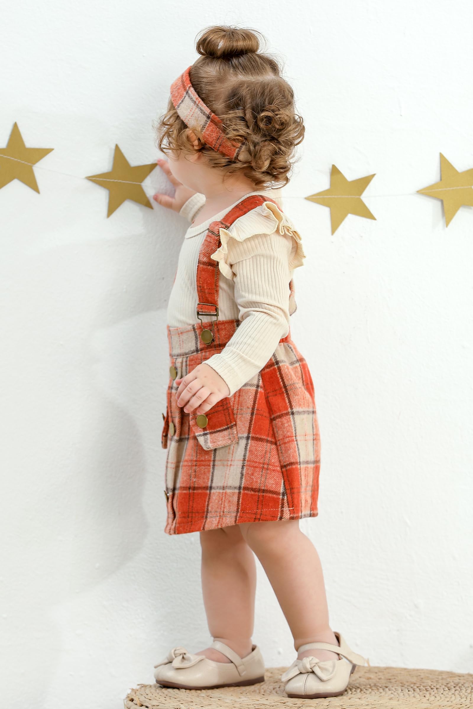 YOUNGER STAR Infant Baby Girl Fall Outfits Romper Jumpsuit Strap Skirt Clothes Set Baby Girl Clothing (3-6 Months,Rust-red khaki plaid skirt)