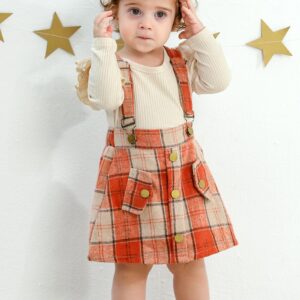 YOUNGER STAR Infant Baby Girl Fall Outfits Romper Jumpsuit Strap Skirt Clothes Set Baby Girl Clothing (3-6 Months,Rust-red khaki plaid skirt)