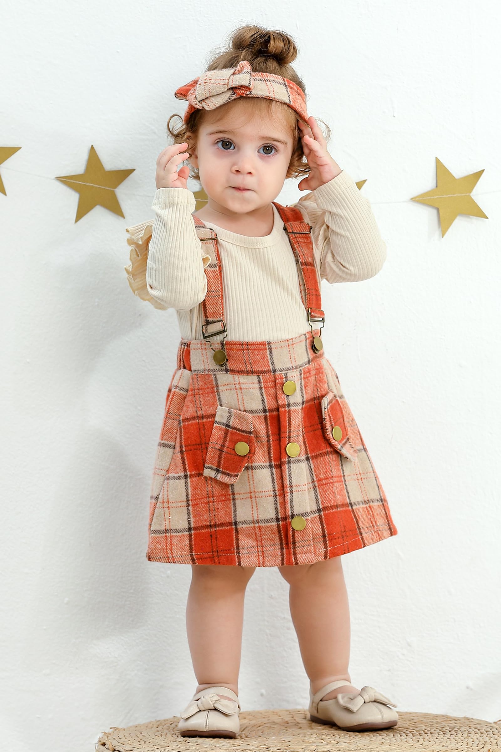 YOUNGER STAR Infant Baby Girl Fall Outfits Romper Jumpsuit Strap Skirt Clothes Set Baby Girl Clothing (3-6 Months,Rust-red khaki plaid skirt)