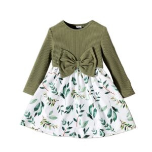 patpat baby toddler floral print bowknot dress colorblock round neck long sleeves dress for girls