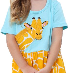 RETSUGO Little Girls A-Line Dress Kids Cute Giraffe Short Sleeve Summer Sundress Toddler Girl Casual Cotton Outfits for Party 1-8 Years Giraffe-1056-6T