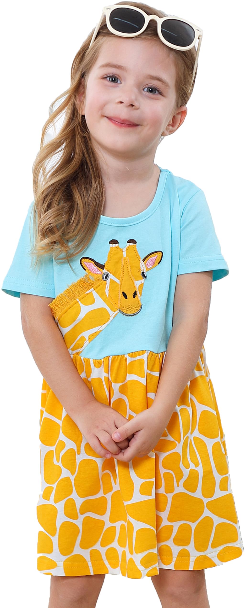 RETSUGO Little Girls A-Line Dress Kids Cute Giraffe Short Sleeve Summer Sundress Toddler Girl Casual Cotton Outfits for Party 1-8 Years Giraffe-1056-6T