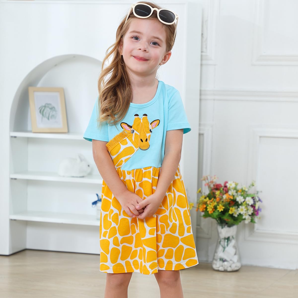 RETSUGO Little Girls A-Line Dress Kids Cute Giraffe Short Sleeve Summer Sundress Toddler Girl Casual Cotton Outfits for Party 1-8 Years Giraffe-1056-6T