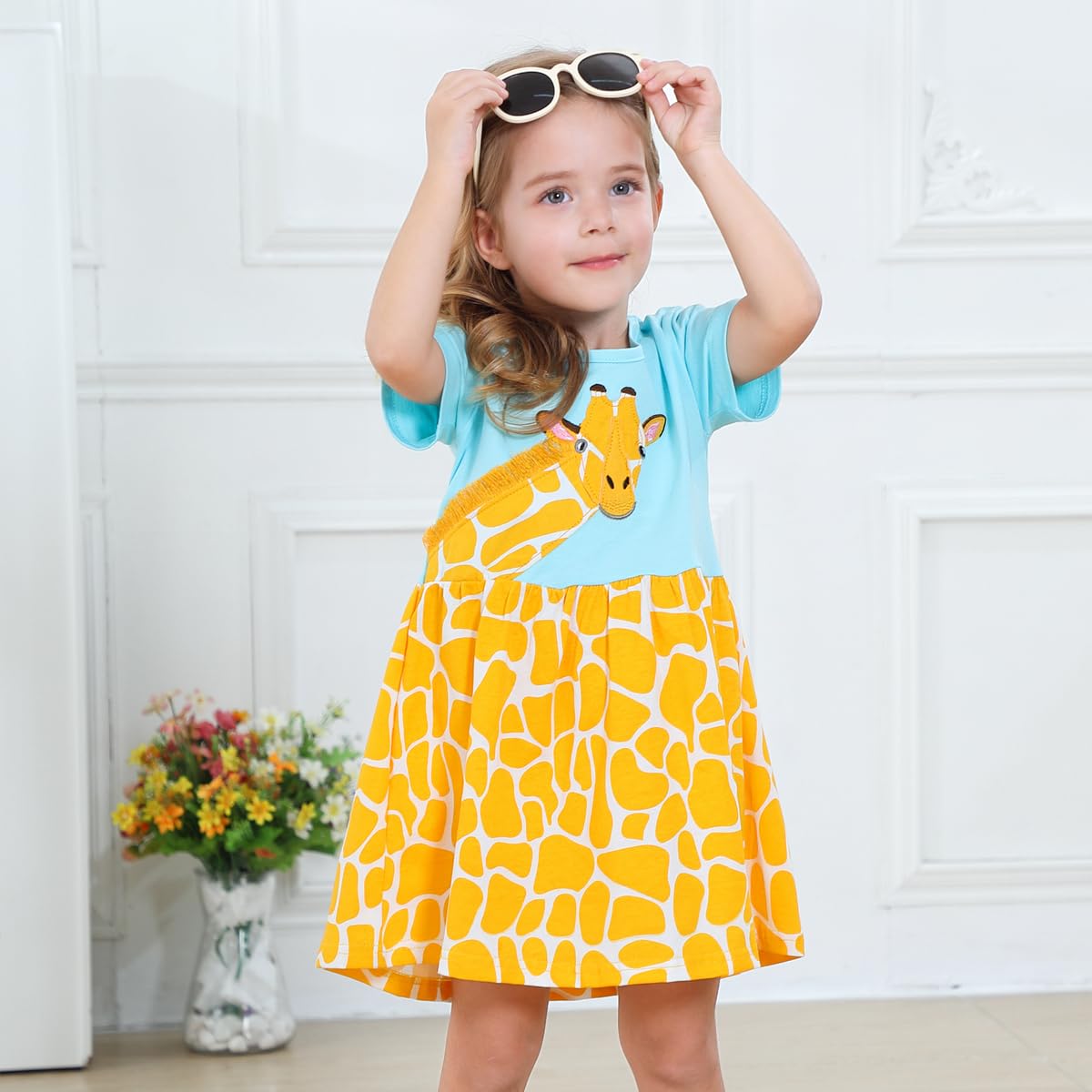 RETSUGO Little Girls A-Line Dress Kids Cute Giraffe Short Sleeve Summer Sundress Toddler Girl Casual Cotton Outfits for Party 1-8 Years Giraffe-1056-6T