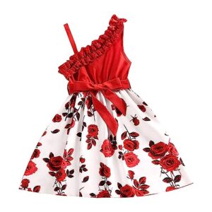 toddler kids baby girls summer casual sleeveless one shoulder strap floral pattern dress party kids (red, 5-6 years)