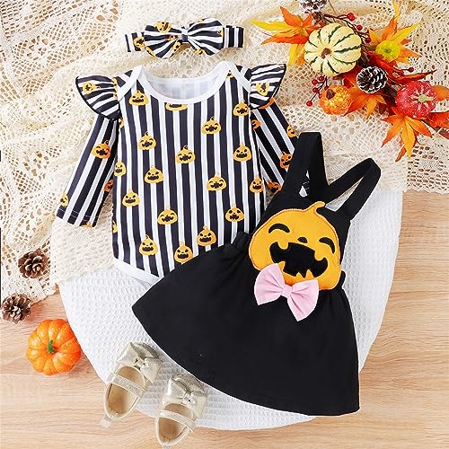 Toddler Girl Long Sleeve Striped Pumpkin Pattern Dress with Headbands Suit for 0 to 18 Teen Girl (Black, 3-6 Months)