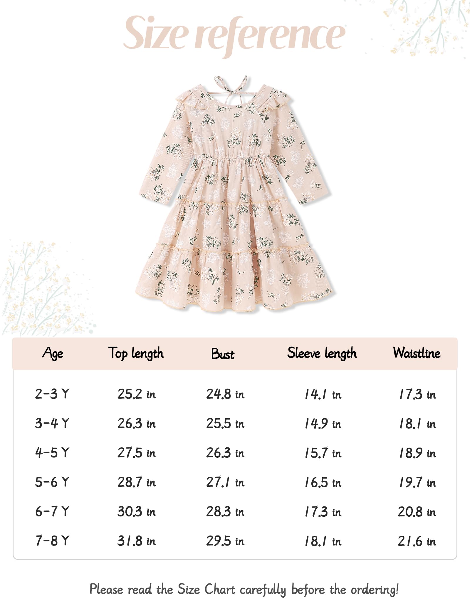 Hipea Toddler Girl Dress Long Sleeve Floral Dress Up Casual Round Neck Back Tie Ruffles Little Girls Fall Dresses 3-4T