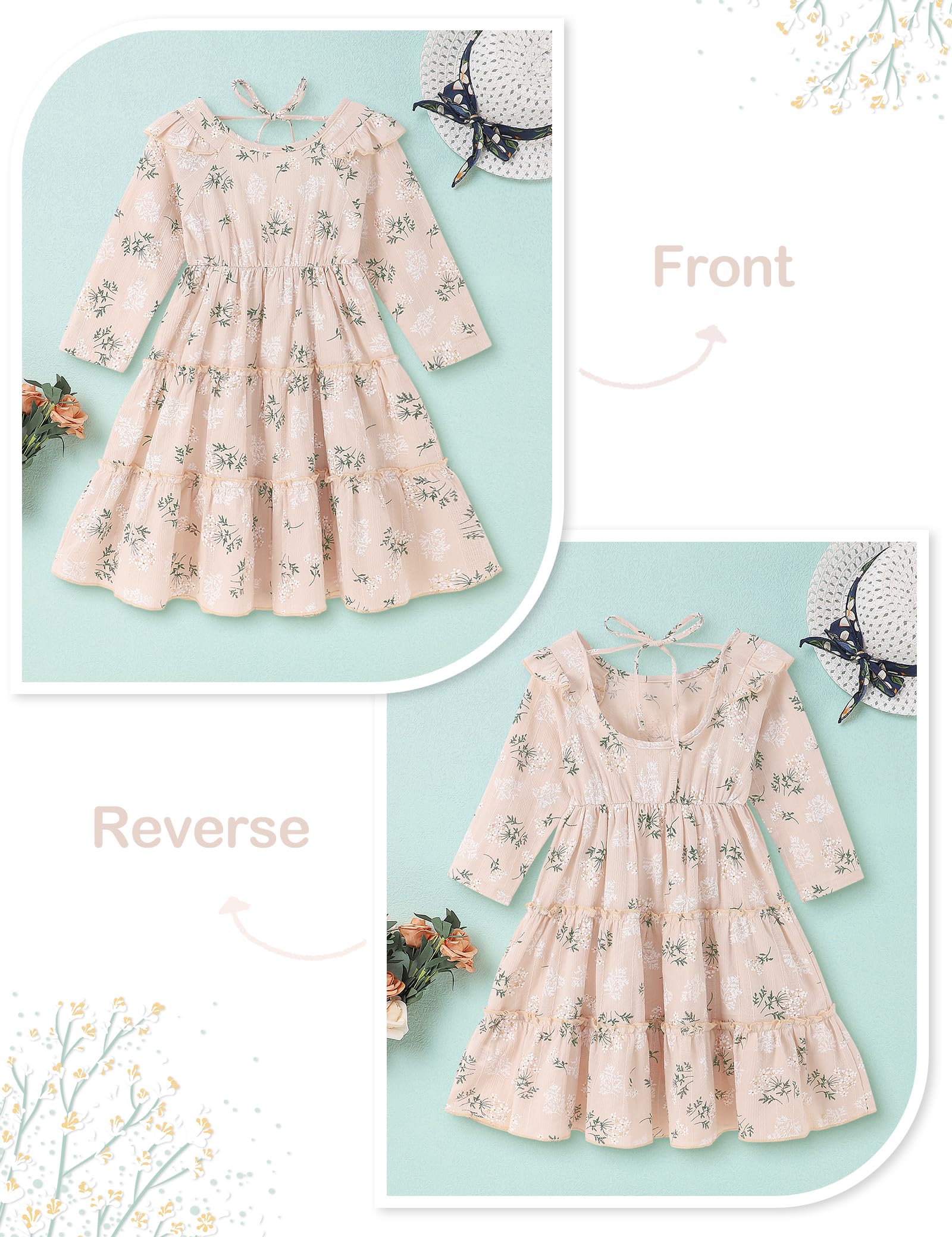 Hipea Toddler Girl Dress Long Sleeve Floral Dress Up Casual Round Neck Back Tie Ruffles Little Girls Fall Dresses 3-4T