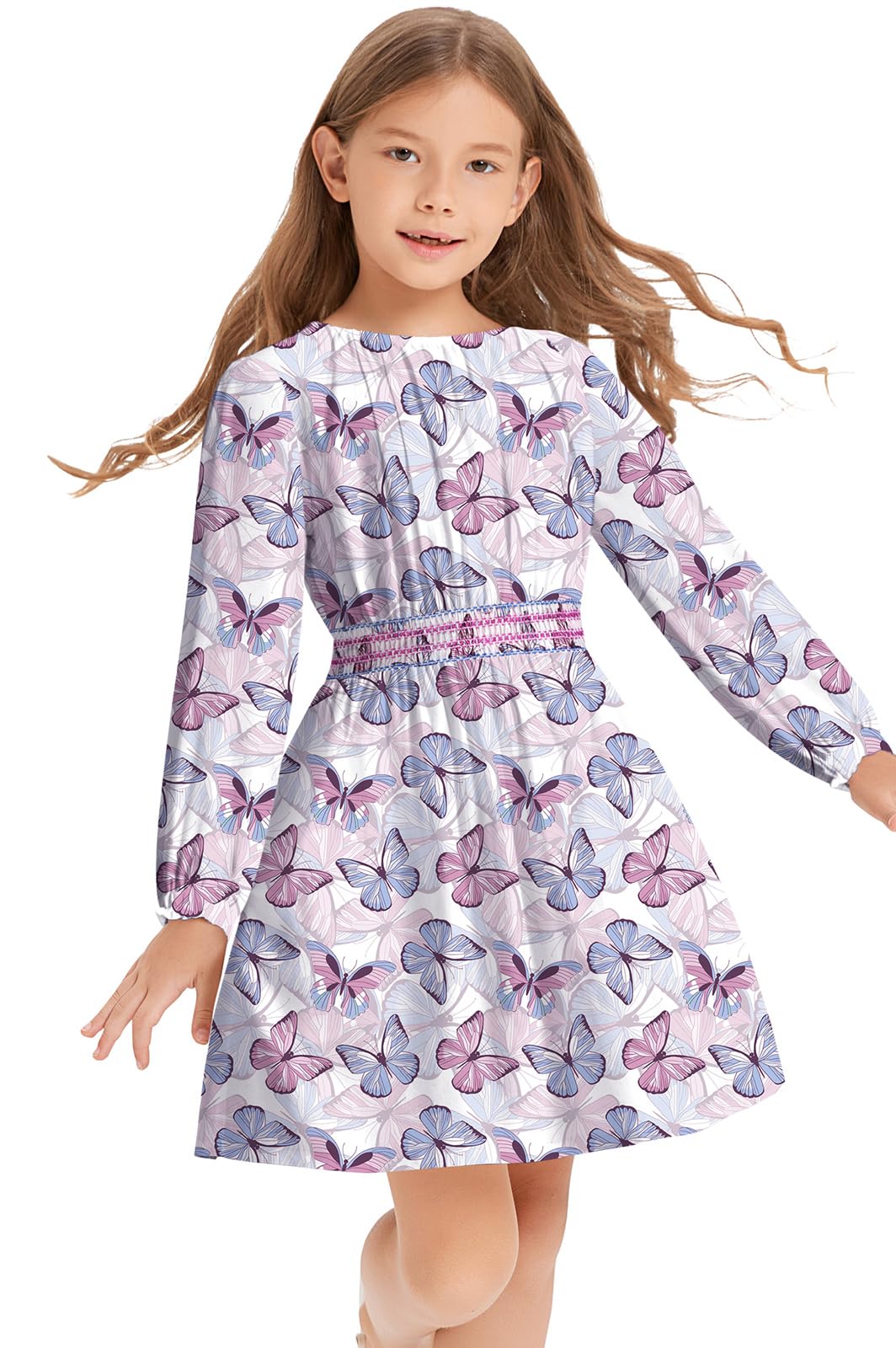 tiny sugar Girls Floral Smocked Waist Dress Church Holiday Playwear Soft Midi Dress with Pockets Butterfly-7y