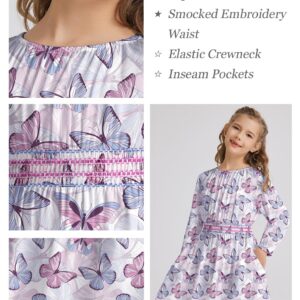 tiny sugar Girls Floral Smocked Waist Dress Church Holiday Playwear Soft Midi Dress with Pockets Butterfly-7y