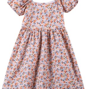 Noomelfish Toddler Girls Short Sleeve Floral Dress Casual Flower Printed Smocked Dresses, Small Orange, 3 Years