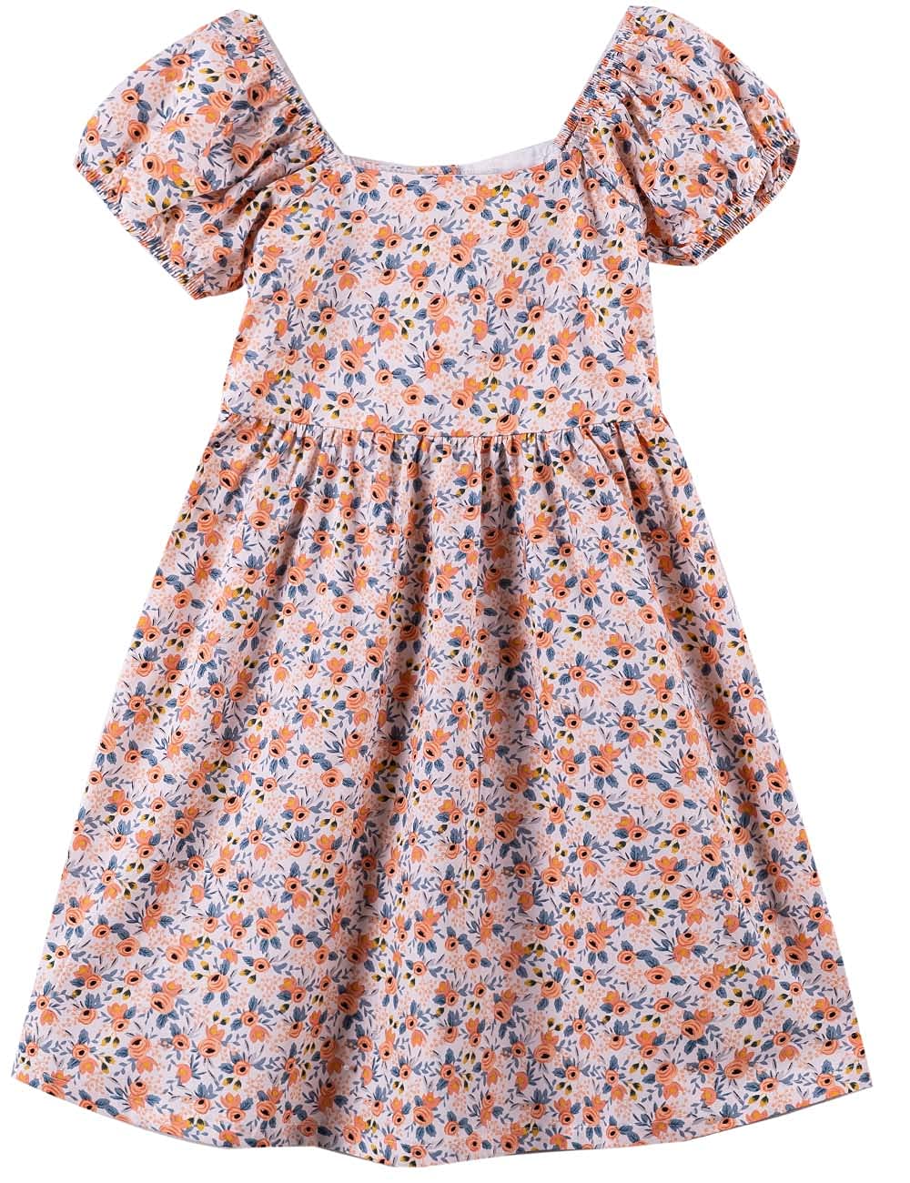 Noomelfish Toddler Girls Short Sleeve Floral Dress Casual Flower Printed Smocked Dresses, Small Orange, 3 Years