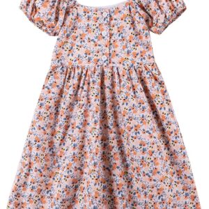 Noomelfish Toddler Girls Short Sleeve Floral Dress Casual Flower Printed Smocked Dresses, Small Orange, 3 Years