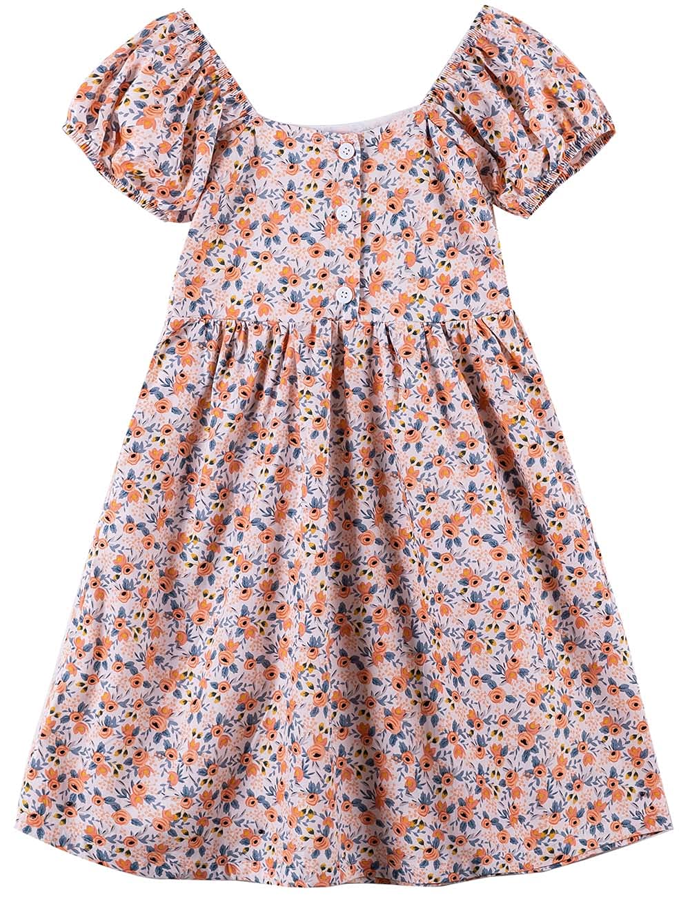 Noomelfish Toddler Girls Short Sleeve Floral Dress Casual Flower Printed Smocked Dresses, Small Orange, 3 Years