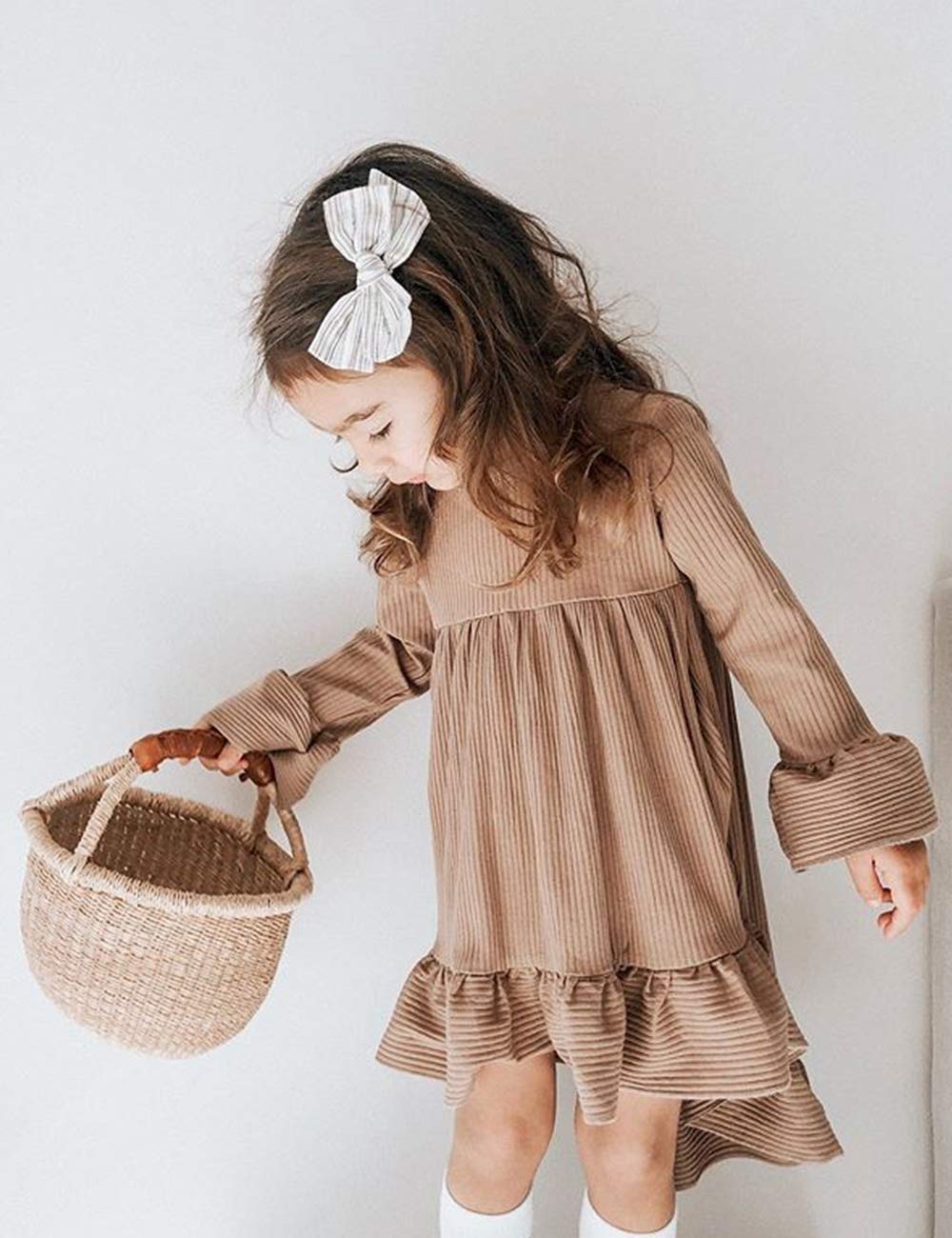 bilison Toddler Baby Girl Dress Flare Long Sleeve Solid Color Irregular Sundress Party Princess Dress