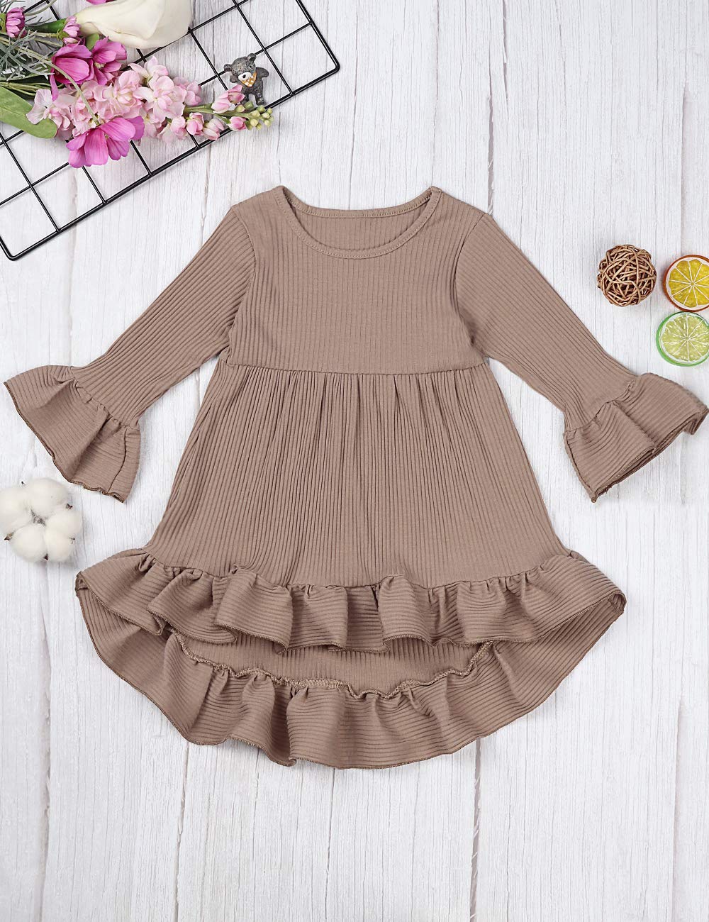 bilison Toddler Baby Girl Dress Flare Long Sleeve Solid Color Irregular Sundress Party Princess Dress