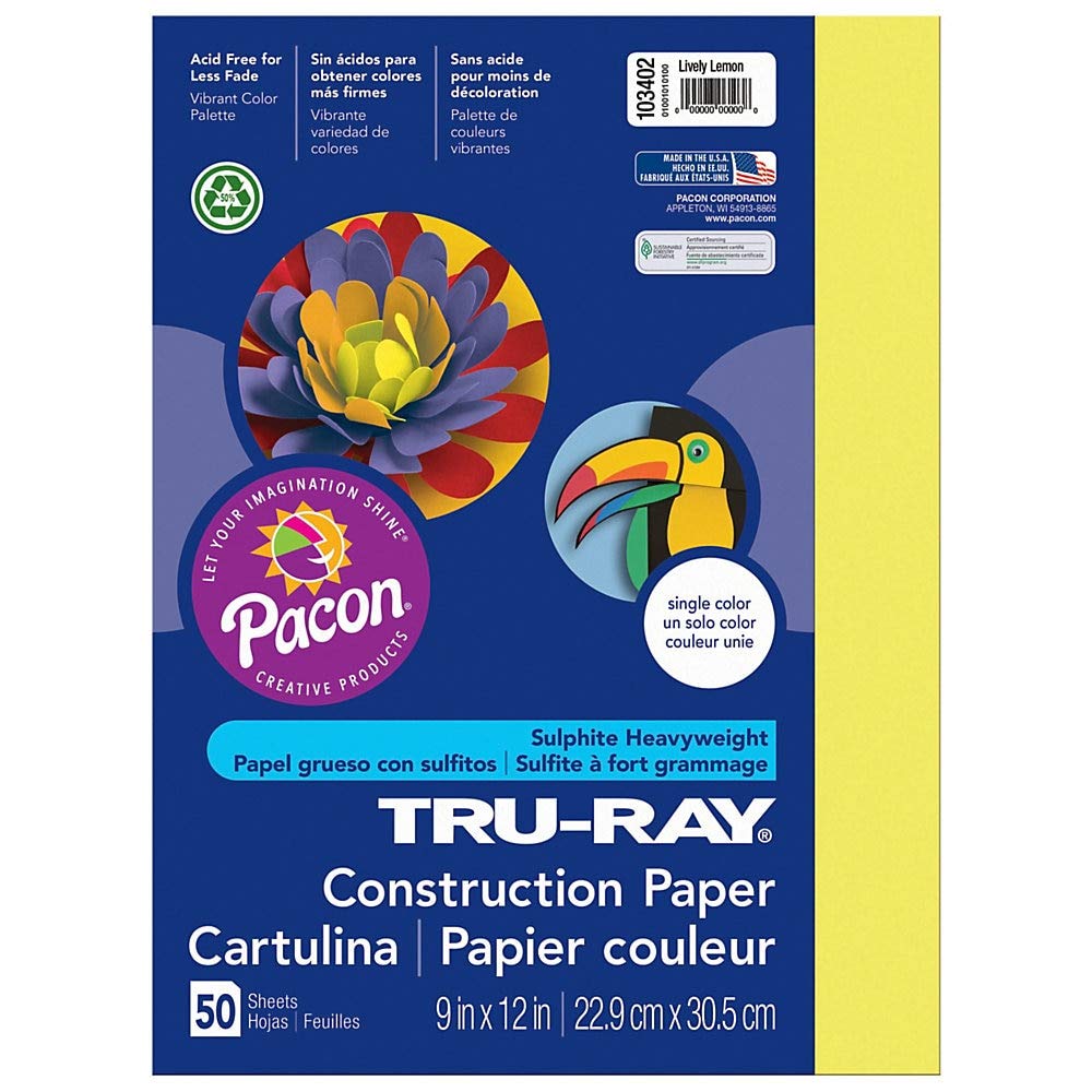 Tru-Ray Heavyweight Construction Paper, Lively Lemon, 9" x 12", 50 Sheets