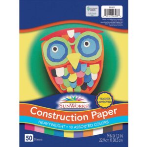 sunworks 6503 construction paper, 58 lbs., 9 x 12, assorted, 50 sheets/pack