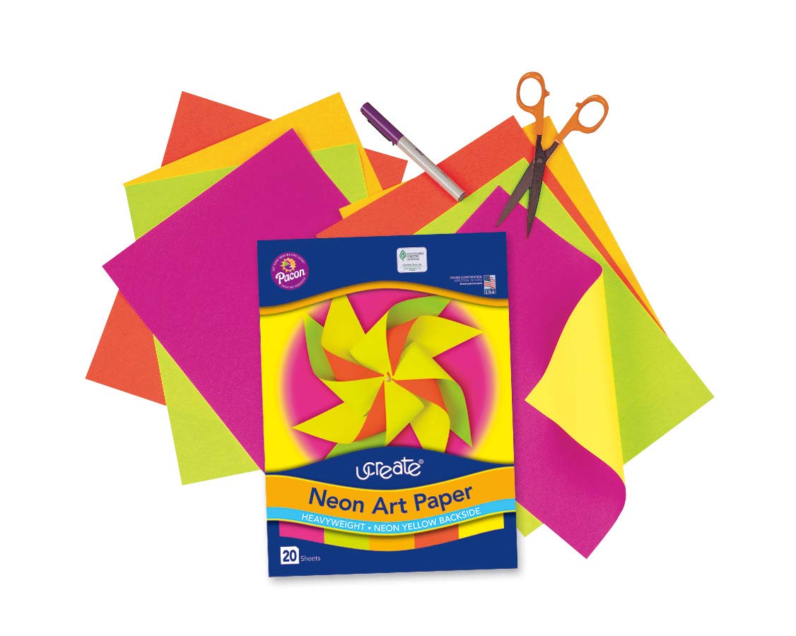 UCreate Neon Art Paper, 5 Assorted Colors, 9" x 12", 20 Sheets